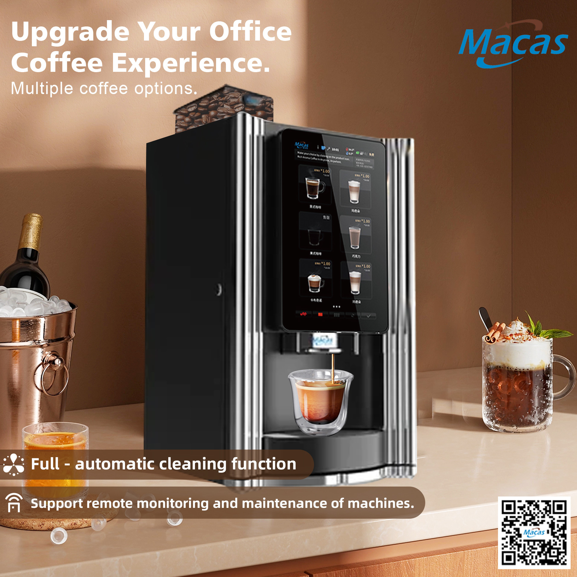 Commercial Bean-to-Cup Coffee Vending Machine with 15.6" Touch Screen